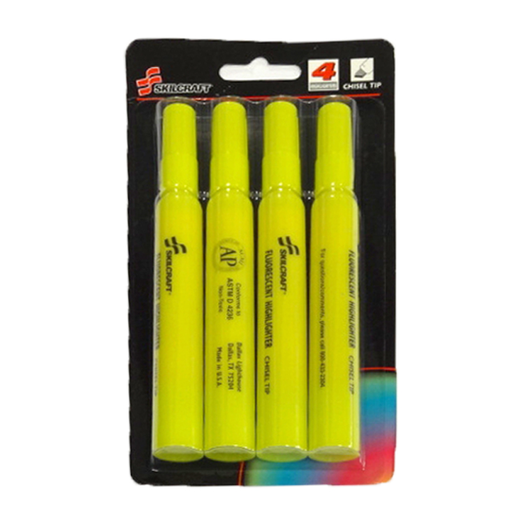 SKILCRAFT Marker Highlighter Chl 4pk Ylw - Chisel Marker Point Style ...